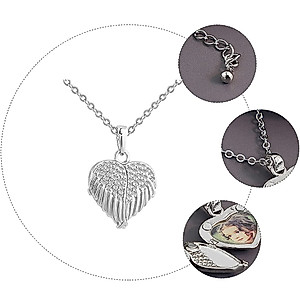 Locket Necklace Heart Shaped Angel Wing Photo Locket Necklace Memory Pendant with Personalized Picture Creative Neck Chain for Women Men, Silver