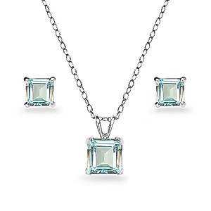 B. BRILLIANT Sterling Silver Aquamarine Square Solitaire Necklace & Stud Earrings Jewelry Set for Women
