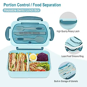NatraProw Bento Box for Adult, 1200 ML Lunch Containers, LeakProof Lunch Box with Utensils, BPA Free, 3 Compartment Bento Box Microwave Safe, Blue