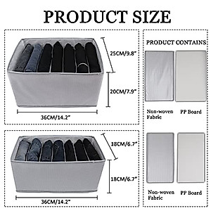 Wardrobe Clothes Organizer (2pcs), Foldable Grid Storage Box with Multiple Layers, Portable Washable Storage Containers for Underwear, Socks, Scarves, Skirts, T-shirts, Jeans(Grey, Sturdy PP Board)