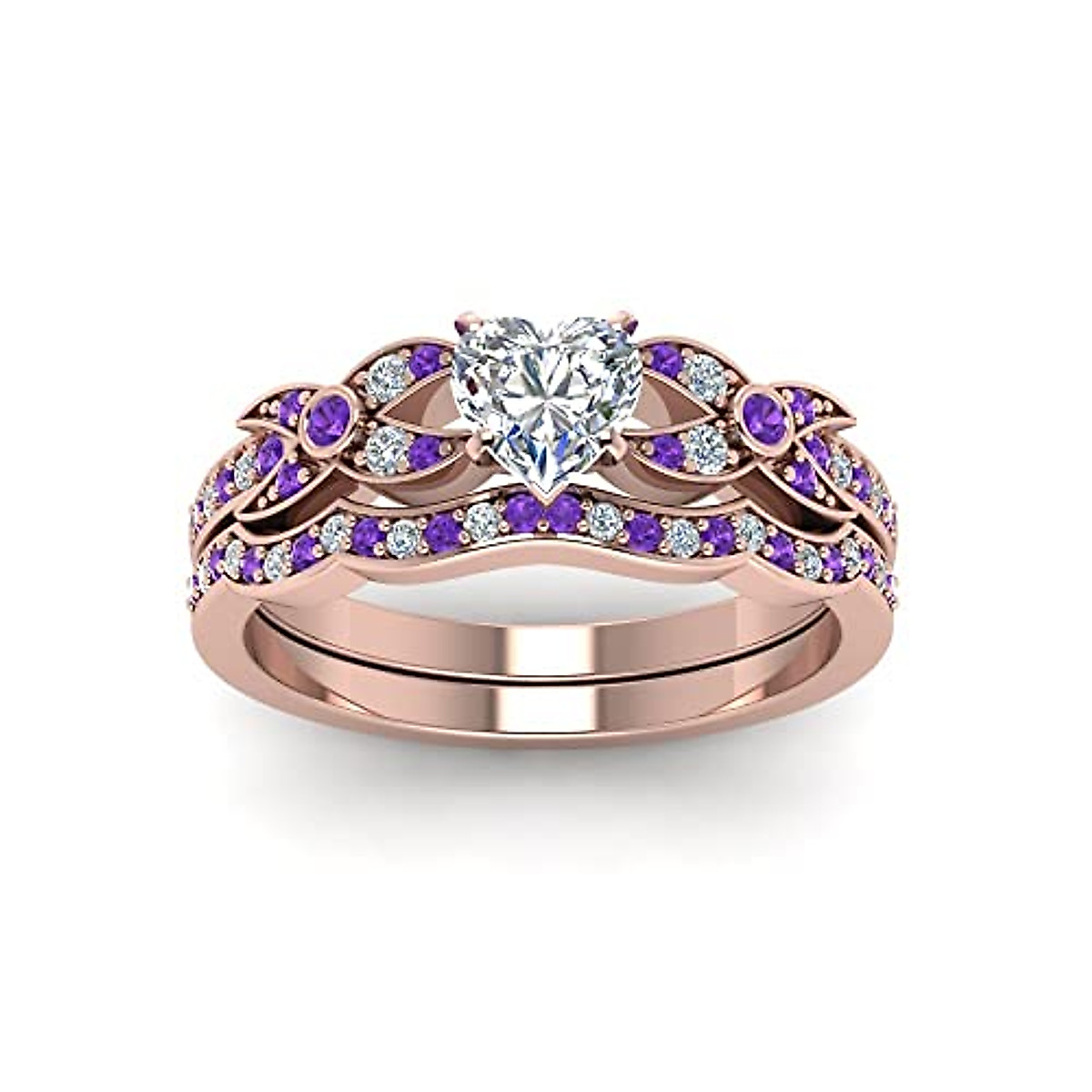 CustomizedGifts Flower Pave Diamond Wedding Ring Set rose gold plated Natural Amethyst Heart shape purple color Wedding Ring Sets bezel Setting in Size 7 Party Wear Daily Wear Ornament