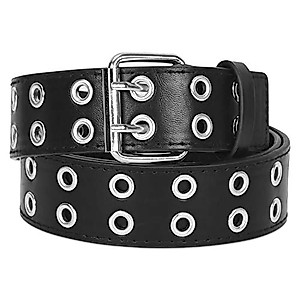SANSTHS Double Grommet PU Leather Belt for Women Men Punk Rock Metal Jeans Belts 1 1/2 inch, Black S