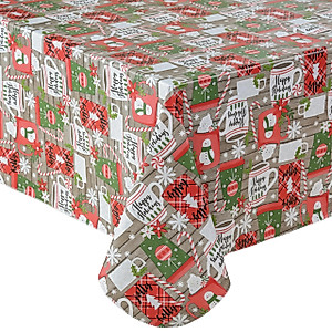 Newbridge Jolly Holiday Candy Cane Print Flannel Back Vinyl Christmas Tablecloth - Happy Holidays Grey, Red and Green Xmas Wipe Clean Easy Care Tablecloth, 60” x 120” Oblong/Rectangle
