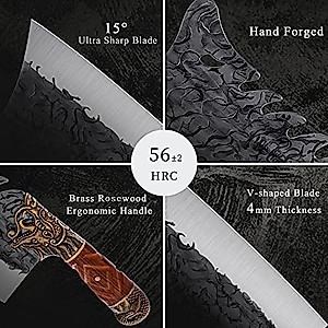 ROCOCO Cleaver Knife Meat Cutting Heavy Duty 8.6" Large Hand Forged Chinese Bone Vegetable Dragon Butcher Chopper Viking Cutter for Kitchen Outdoor with Sheath Father's Mother's Day Birthday Gift Men