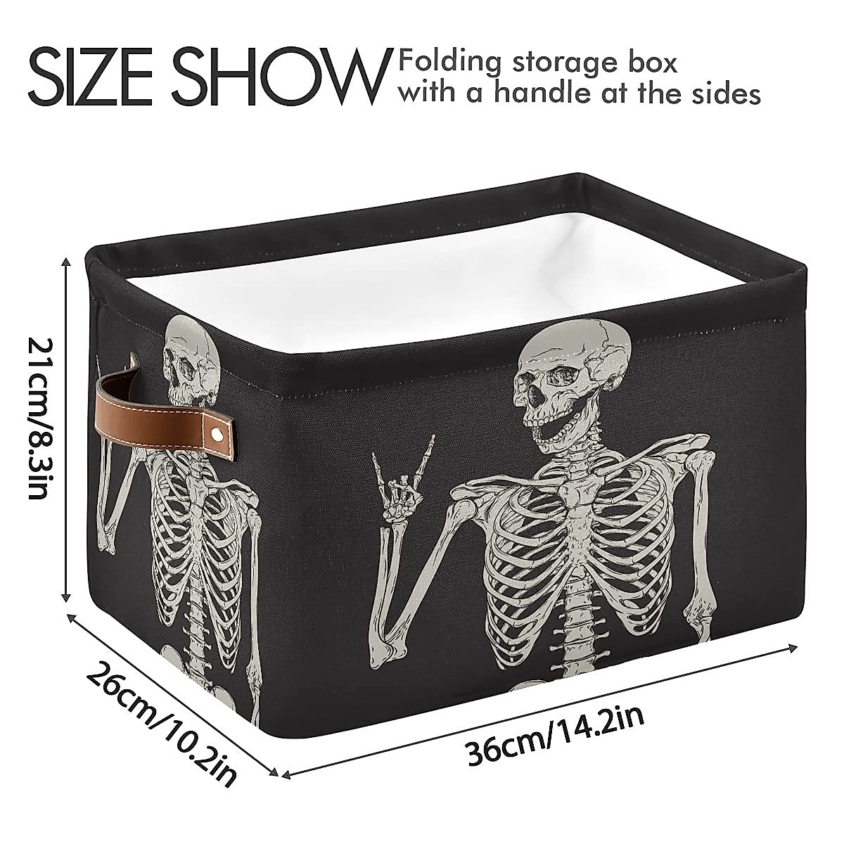 AUUXVA Human Skeleton Skull Storage Bins Basket, Day of The Dead Halloween Collapsible Storage Cube Rectangle Storage Box with Handles for Shelf Closet Nursery Bedroom Home Office 1 Pack