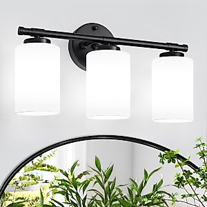 GZBEINI Black Bathroom Vanity Fixture,Farmhouse Bathroom Light FixturesOver Mirror,3 Light Modern Bathroom Lighting,Bathroom Vanity Light Fixtures Above Mirror with Milk White Glass Shade
