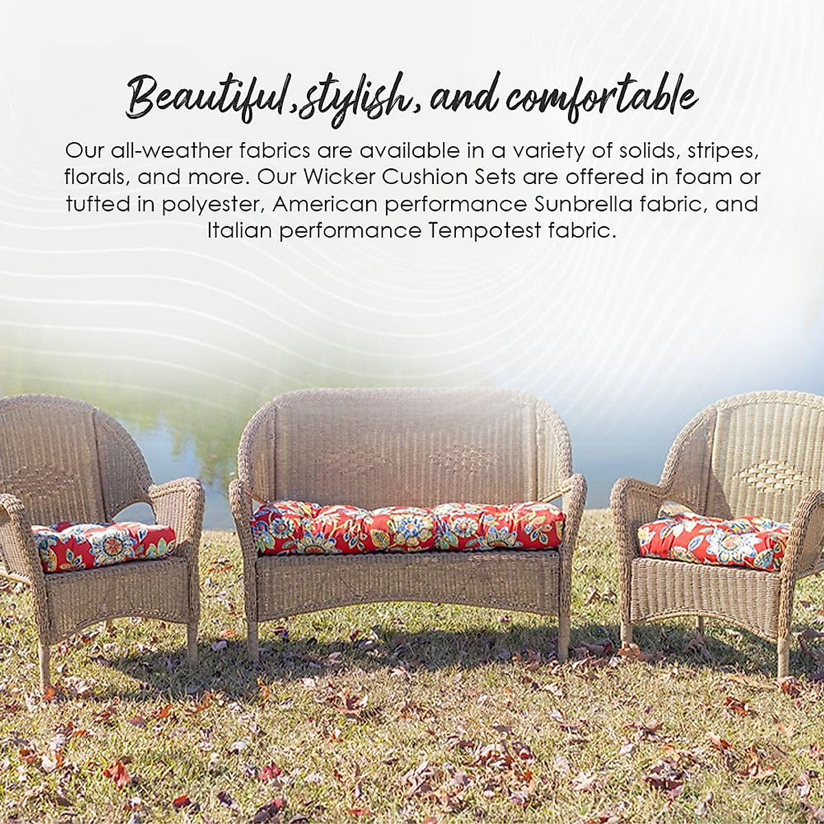 RSH DECOR: 3-Piece Wicker Tufted Cushion Set | 41” x 19" & 19" x 19" | All-Weather Spun Fabric | Water Resistant | Outdoor Loveseat & U-Shape Cushions for Patio Furniture | Hunter Green