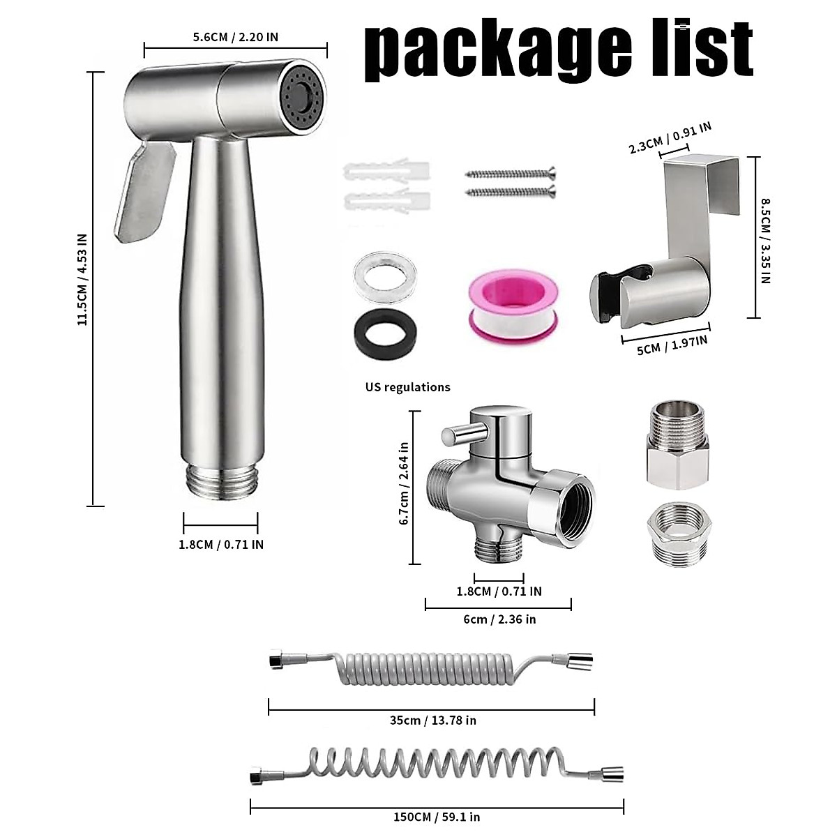 ELINKUME Handheld Bidet Sprayer for Toilet Kit,Stainless Steel Spray Attachment Set with 3 Way Valve,Hand Held Diaper Sprayer Head for Personal Hygiene Pet Bathing with Retractable Spring Hose