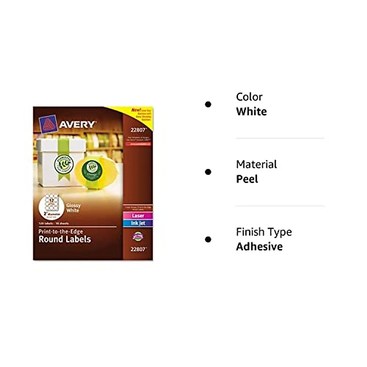 Avery 22807 Round Easy Peel Labels44; 2 in. Dia.44; Glossy44; White44; 120-Pack