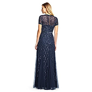 Adrianna Papell Women's Short-Sleeve Beaded Mesh Gown, Navy, 8