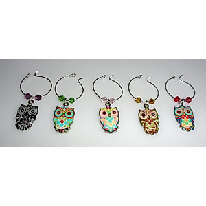 Wine Charms ~ Multi Color Owl Wine Charms Set of 5 Style 1