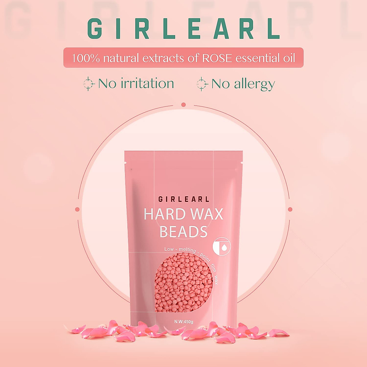 Hard Wax Beads, GIRLEARLE 1lb Wax Beans for Hair Removal Sensitive Skin with Rose Formula, Perfect for Full Body, Facial, Brazilian Bikini, and Legs at Home Wax Refill for Women Men (pink)