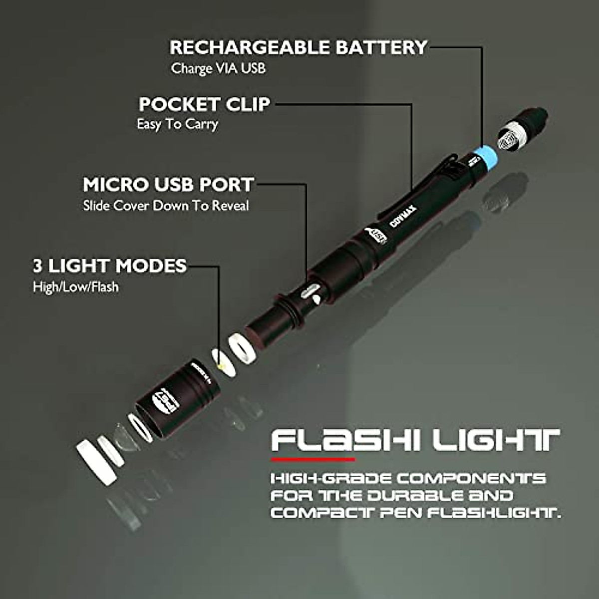 COVMAX Rechargeable Pen Light Flashlight IP67 Waterproof with Pocket Clip 4-Zoomable, Prefect for Inspection,Work,Repair