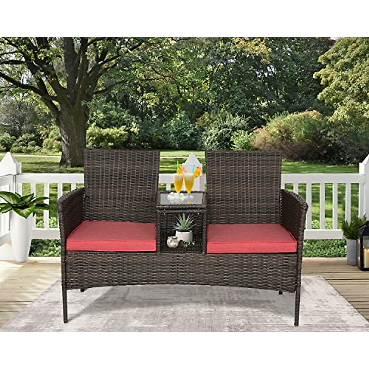 BPTD Outdoor Patio Loveseat Patio Furniture Set Rattan Patio Bistro Set Wicker Conversation Furniture Sets with Cushios and Built-in Coffee Table for Balcony, Lawn, Backyard (Brown/Red)
