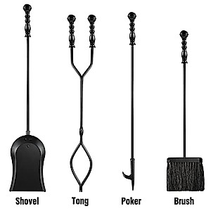 ATiyyo 5 Pieces Fireplace Tools Sets Wrought Iron Firewood Kit with Handle Durable Tool Set and Holder for Fire Pit Stand Indoor Tong Shovel Poker Brush Firewood Accessories (Black)