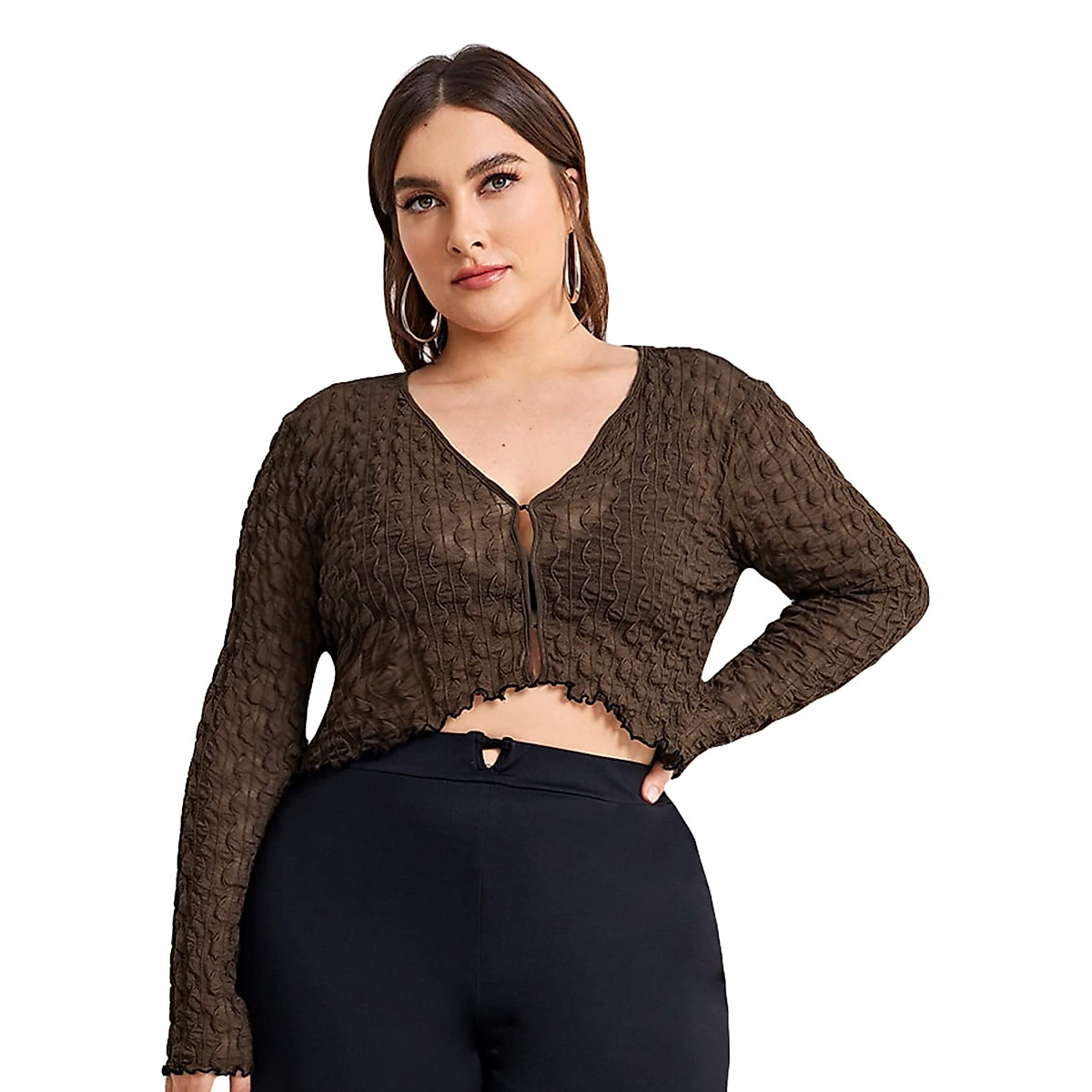 Floerns Women's Plus Size V Neck Lettuce Trim Long Sleeve Mesh Crop Top T Shirt Brown 2XL
