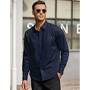 COOFANDY Mens Shirt Slim Fit Dress Business Plaid Button Down Collar, Navy Blue, Large, Long Sleeve