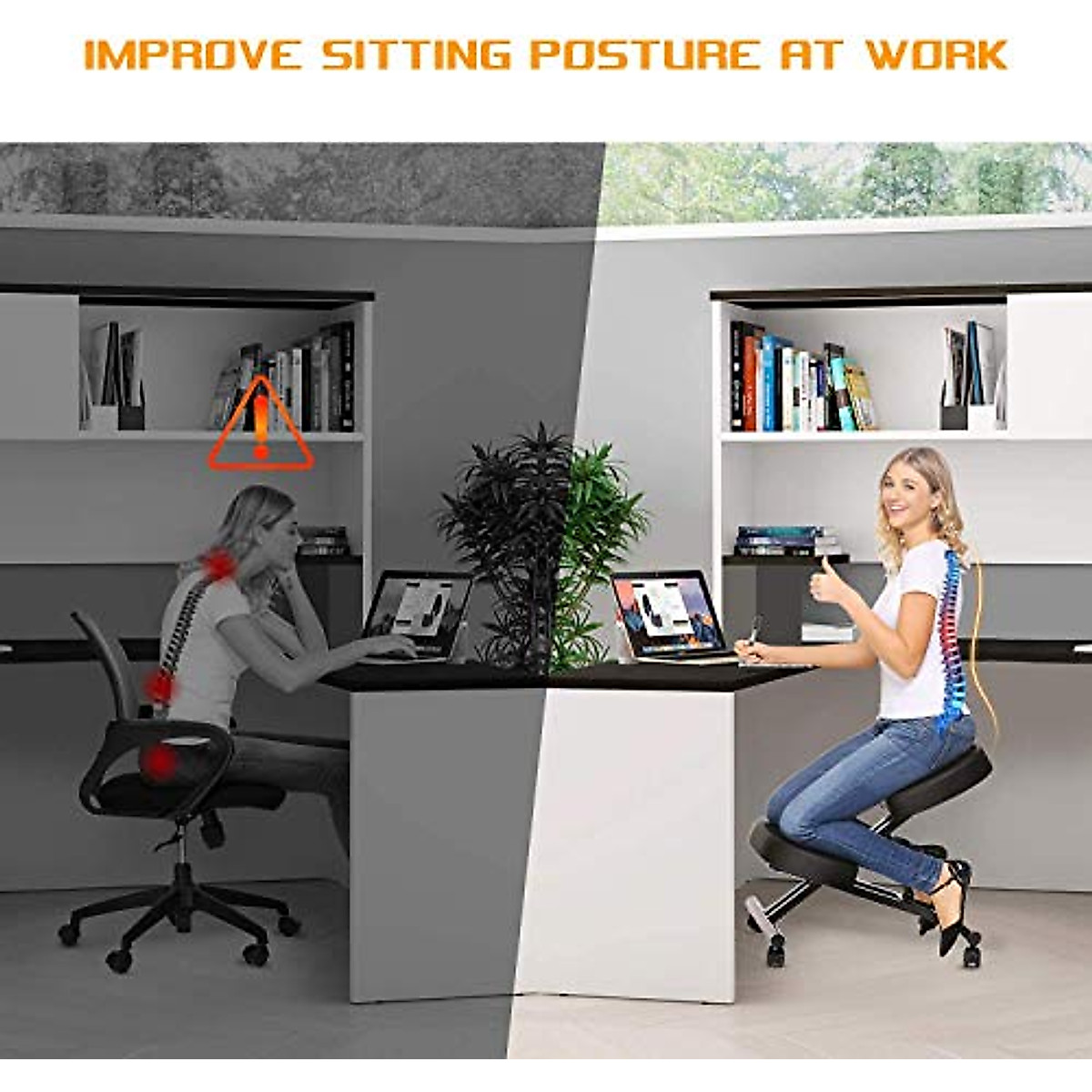 BATHWA Ergonomic Kneeling Chair, Posture Corrective Chair, Angled Kneeling Chair, Adjustable Stool with Moulded Foam Cushion and Caster for Home & Office