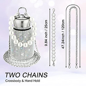 Tmore Glitter Rhinestone Water Bottle Bling Diamond Stainless Steel Thermal Bottles 9.47oz/280ml Sparkling Refillable Insulated Vacuum Thermoses with Chain (Silver)