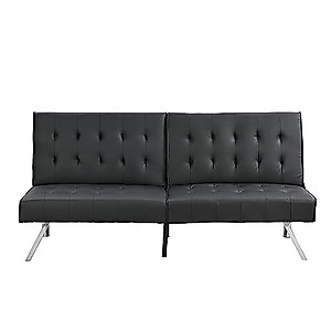 Penifun Convertible Folding Futon Sofa Bed Sleeper Couch for Living Room PU Leather Upholstered Loveseat, Solid Wood Frame/Stainless Leg, Black