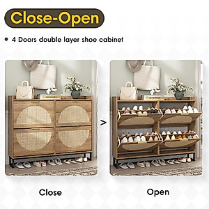 Maupvit Large Rattan Shoe Storage Cabinet with 4 Flip Drawers, Freestanding Shoe Organizer with Metal Legs for Entryway, Hidden Golden Handles, Narrow Shoe Rack Cabinet, Rustic Oak Rattan