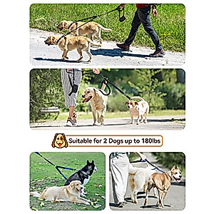 YOUTHINK Double Dog Leash, Dog Walking Leash 2 Dogs up to 180lbs, Comfortable Adjustable Dual Padded Handles, Bonus Pet Waste Bag (Double Dog Leash)