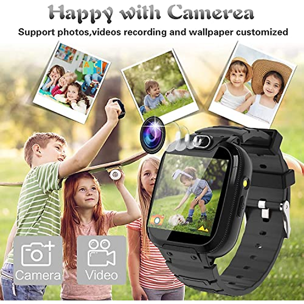 Kids Smart Watch with Camera Games Pedometer Video/Music Player Flashlights Calculator Alarm Clock Children Touch Screen Toy for Boys,Girls Age 4-12(Black)