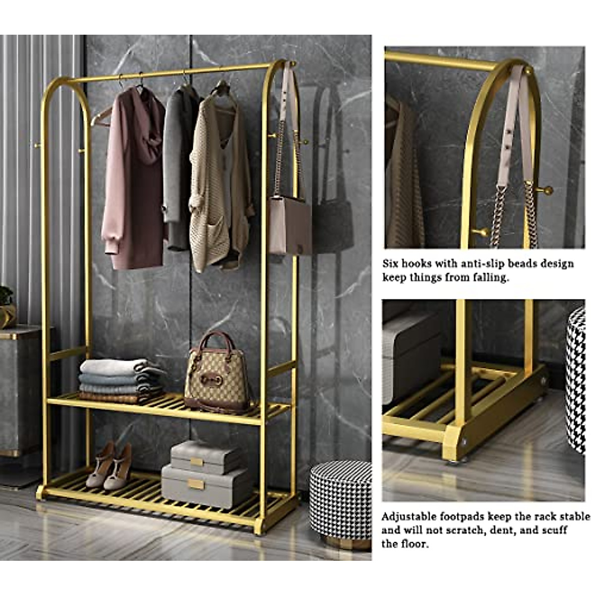 MAIKAILUN 2- layer Clothing Rack Gold,Modern Industrial Clothes Rack for hanging Clothes with Top Rod and Bottom Shelves, Multi-functional Heavy Duty Garment Rack Cloest Organizer and 6 Hooks (59")