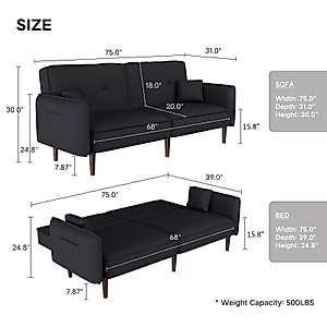 ROCKINGRUN Loveseat Sofa Bed, Convertible Modern Sofa Bed, Comfy Linen Fabric Sofa Bed, Soft and Breathable, Sturdy Solid Wood Legs, Loveseat Couch with Pillows for Living Room (Black)