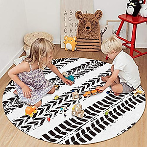 Large Round Area Rug for Bedroom, Tire Car Belt Truck Print Indoor Non-Slip Runner Rug 4ft, Simple White Black Washable Floor Mat Carpet for Living Room Kids Room