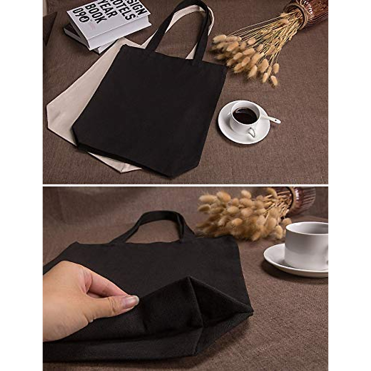 Lily queen Natural Canvas Tote Bags DIY Reusable Shopping Grocery Bag (Black - 6 Pack)