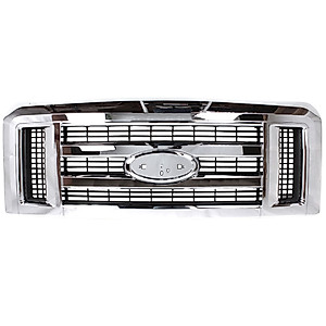 Evan Fischer Grille Assembly Compatible with 2008-2014 Ford E-150, Fits 2008-2014 Ford E-250, Fits 2008-2019 Ford E-350 Super Duty Plastic, Chrome Shell/Painted Gray Insert