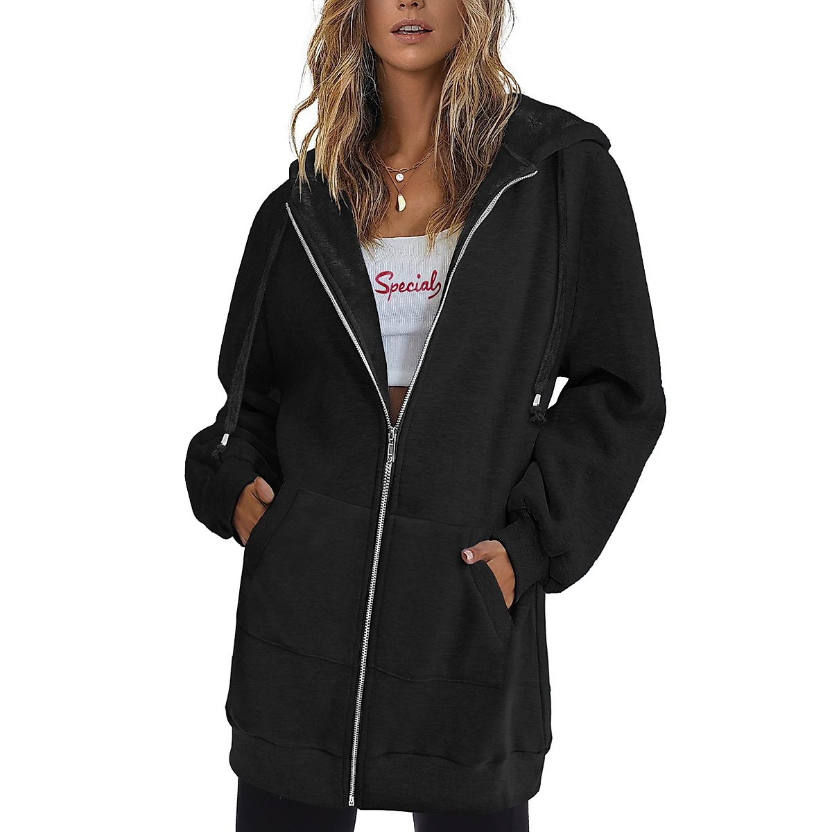 Zeagoo Women's Longline Hooded Sweatshirt / Hoodie Tunic With Fleece,Black,X-Large