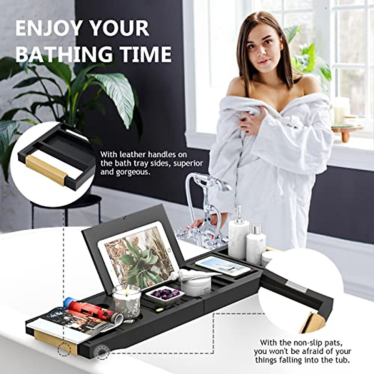 Bathtub Tray Bath Caddy Tray for Tub - Expandable Board and Book Stand Premium Leather Grip and Non-Slip Pat for Luxury Bath Bamboo Bathtub Table Tray for Home Spa and Gift Choice (Black)