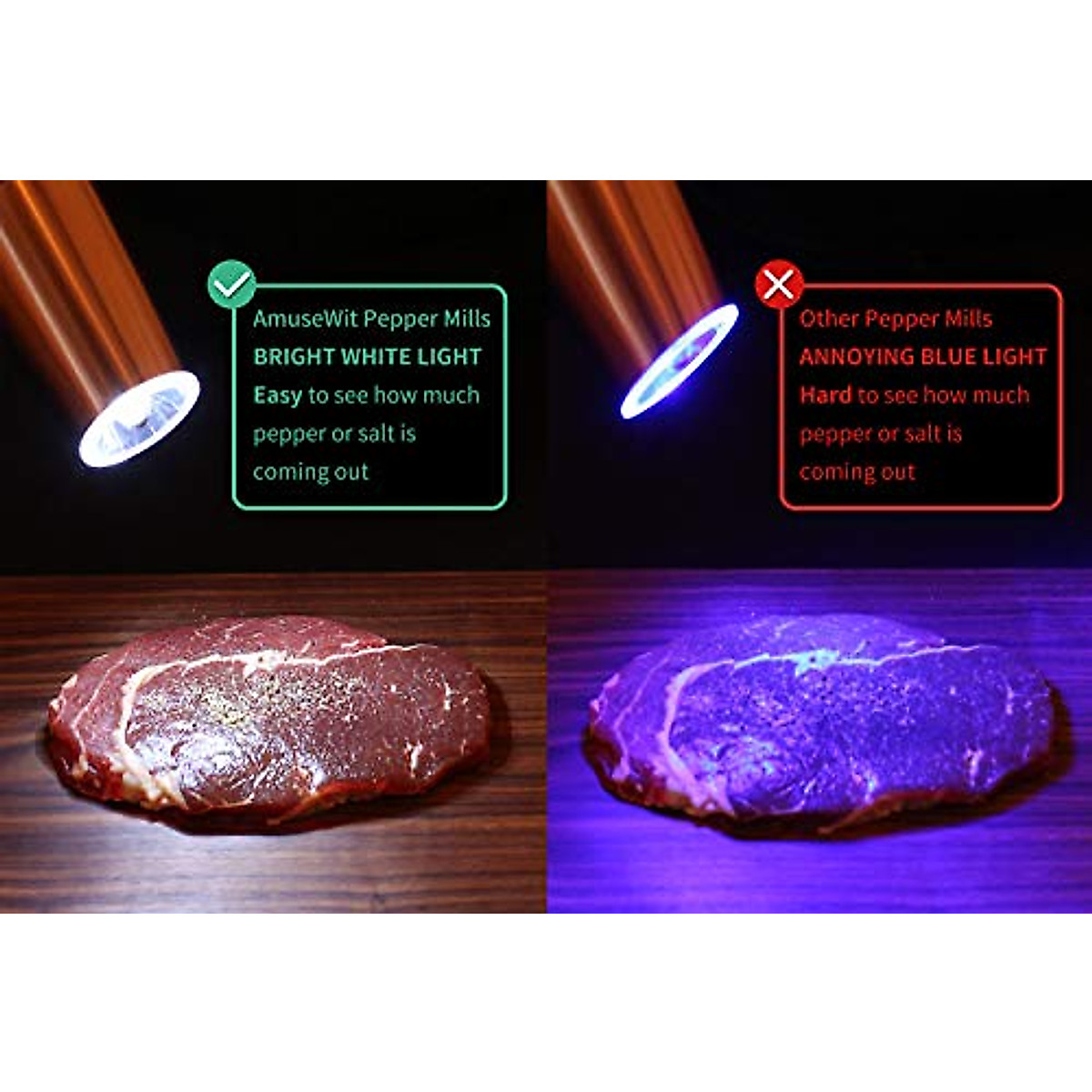 Electric Gravity Salt and Pepper Mill Set of 2【White Light】- Battery Operated Automatic Salt and Pepper Mills with Light,Adjustable Coarseness,One Handed Operation,Cleaning Brush,Black by AmuseWit