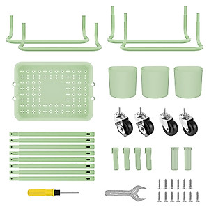 LEHOM 3-Tier Rolling Mobile Utility Cart with Hanging Cups & Hooks & Handle Multifunctional Organizer Storage Trolley Service Cart with Wheels Easy Assembly for Office, Bathroom, Kitchen (Green)