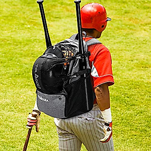 Youth Baseball Bag With Shoes Compartment and Fence Hook Holds Bat, Glove, T-Ball & Softball Equipment, Backpack for Boys and Girls (Grey)