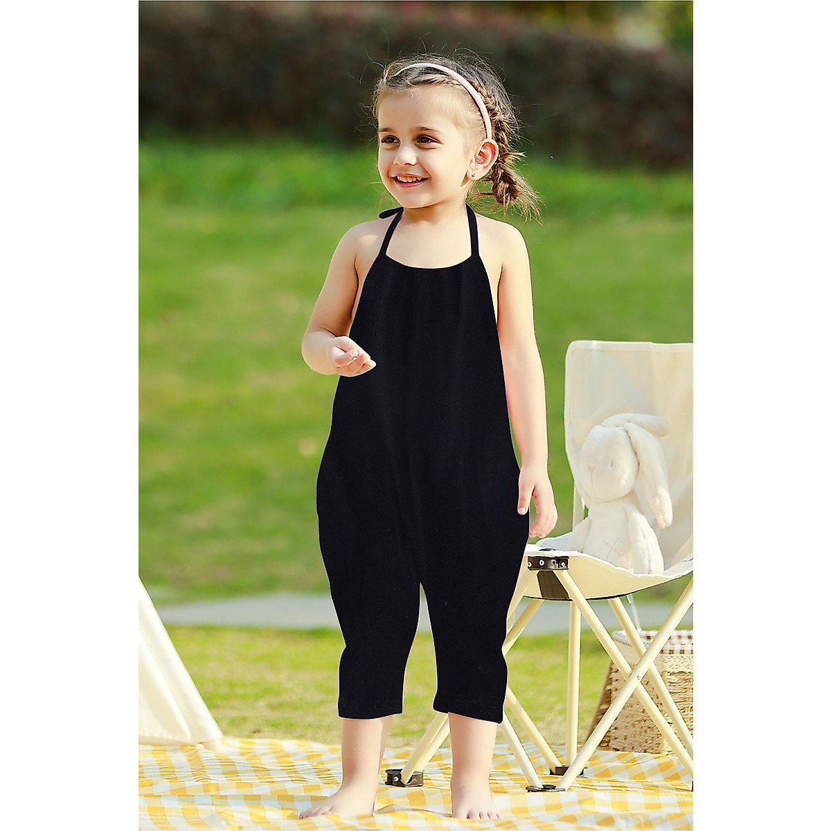 RAISEVERN Baby Girl Rompers Backless Slouch Jumpsuit Toddler Kid Jumper Cute Dinosaur Summer Beach Pants Halter Holiday Plain Bodysuit Black, 2-3T