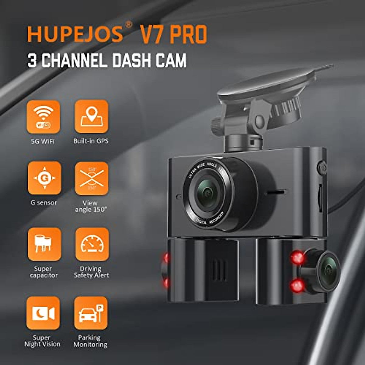 HUPEJOS V7PRO 3 Channel Dash Cam with 5GHz WiFi GPS, 4K Car Camera，128GB Card,4K Front+1080P Left or Right, 1440P+1080P+1080P Dash Camera for Cars, IR Night Vision,24 Hours Radar Detection