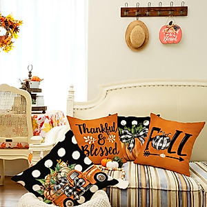 GEEORY Fall Pillow Covers 18 x 18 Inch Set of 4, Polka Dots Buffalo Bow-Knot Pumpkins Truck Thankful Thanksgiving Decor Decorative Throw Cushion Cases Decoration for Home Sofa Couch (Black) G405-18