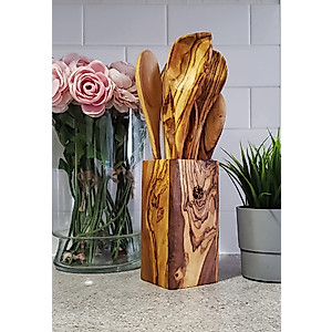OLIVIKO Handmade Olive Wood Holder+ Utensils Kit of 5 Utensils Holder+ 2 Spatula + 3 Spoon 100% Olive Wood