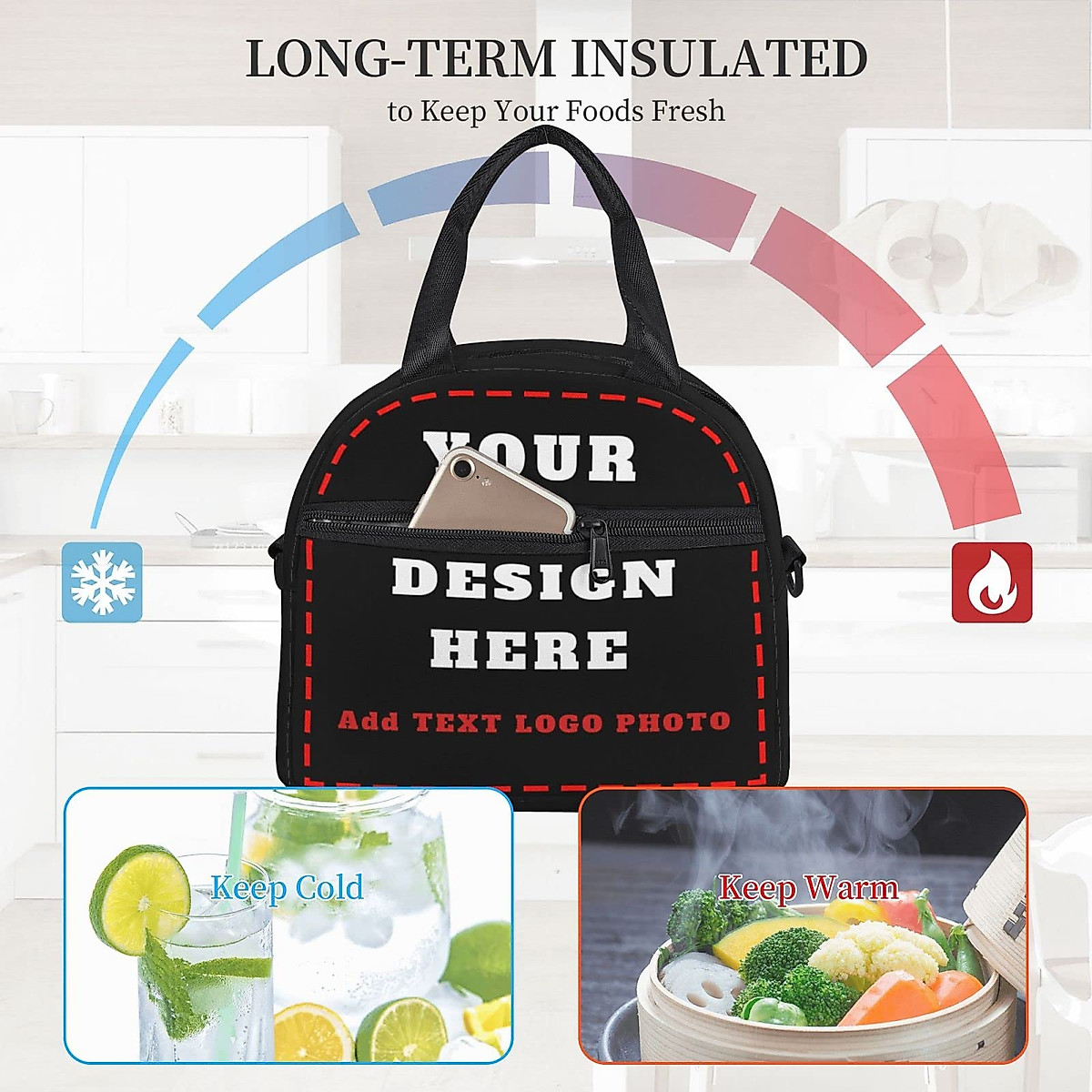 Midkepf Personalized Lunch Bag for Women Men, Custom Lunch Box with Photo Text, Customized Insulated Lunch Tote Bags for Office Picnic Travel - Double Sided Design