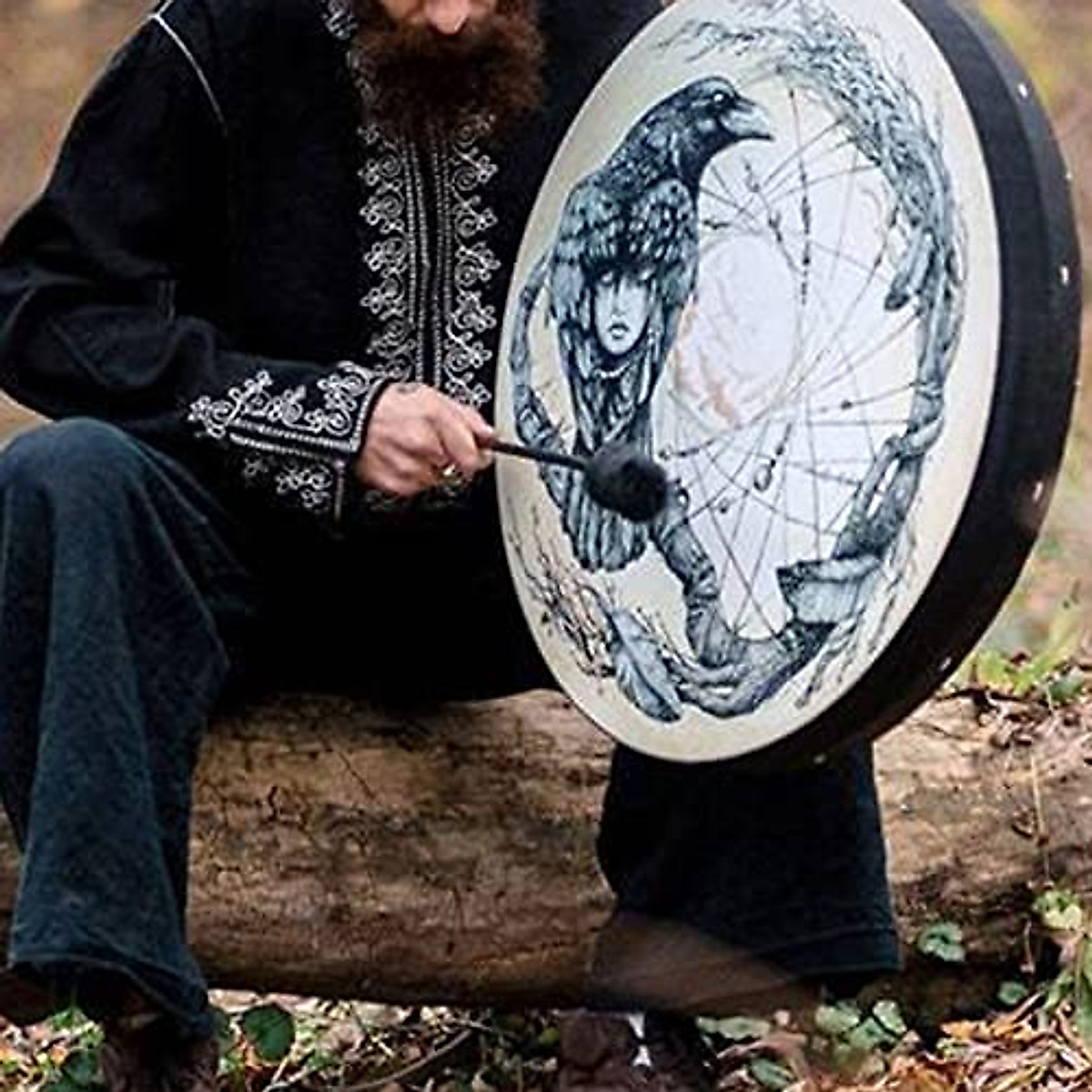 Firlar Shaman Drum, 10 Inch Crow Pattern Handmade Shaman Drum With Drum Stick, Spiritual Instrument, Exquisite Look, Siberian Drum Spirit Music Symbol, Sound Healer Shaman Drum white