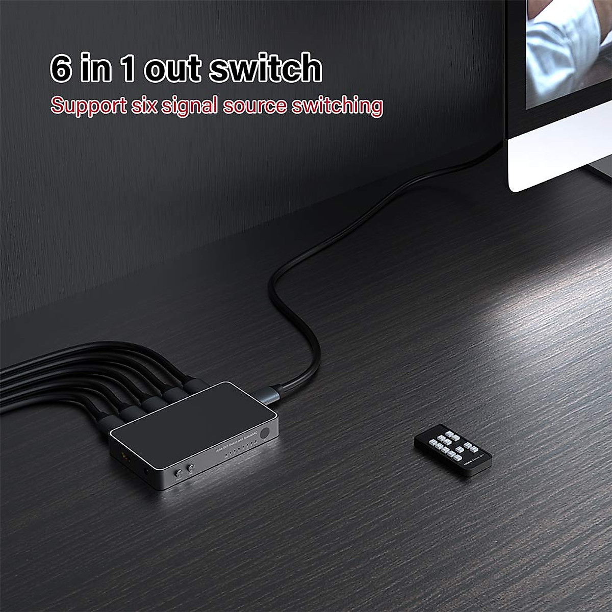 KLKE 4K HDMI Switch KLKE 6x1 Audio Extractor 6 Port HDMI Switcher Box with Remote HDMI Multi Ports Switch 6 in 1 Out Supports Optical Toslink 3.5mm Audio and ARC