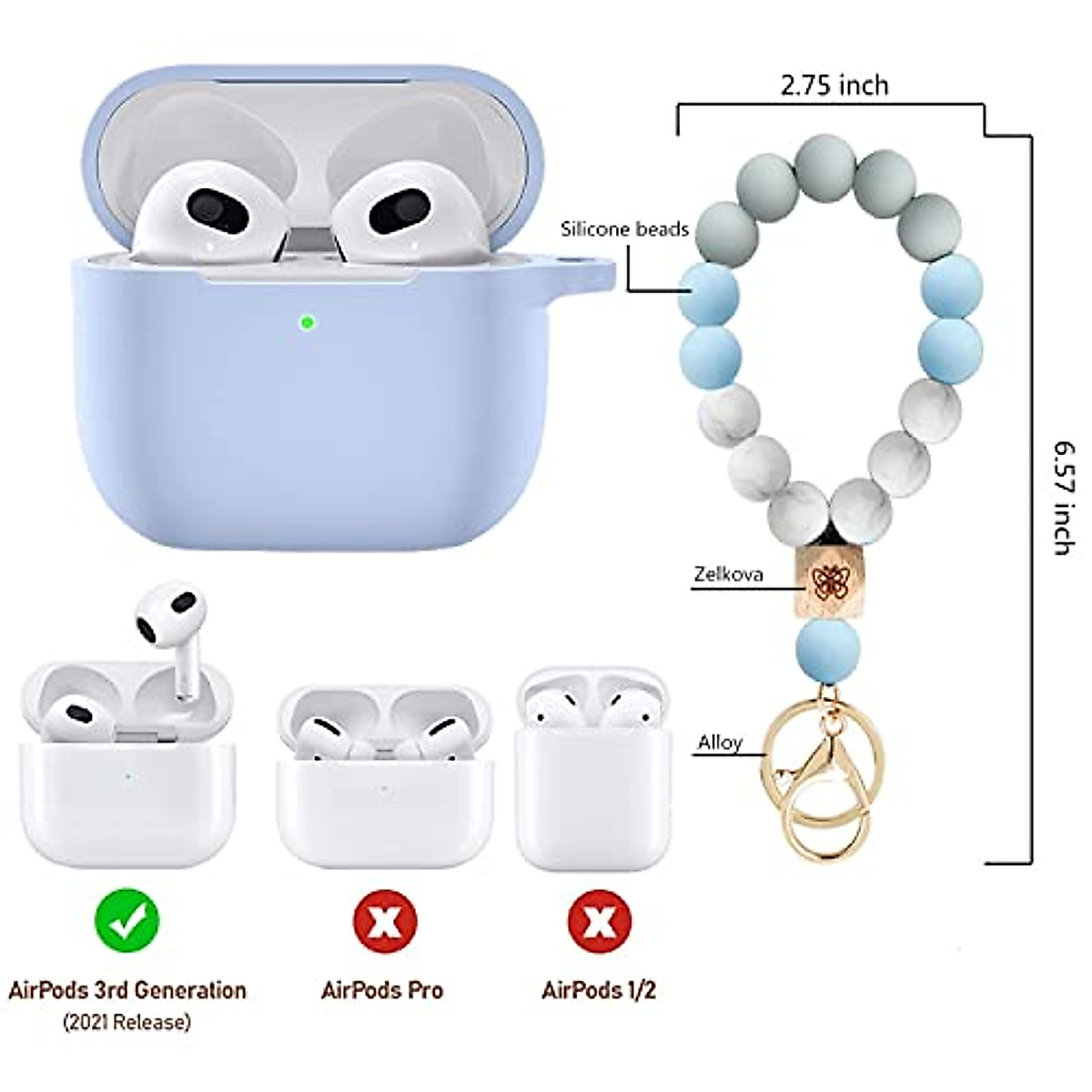 Cute Case for Airpods 3 Case, Bracelet Keychain Beaded Wristlet Apple Airpod 3rd Gen Cover for Girl Women, Silicone Case Protective Skin for AirPod 3rd Generation Wireless Charging Case (Blue)
