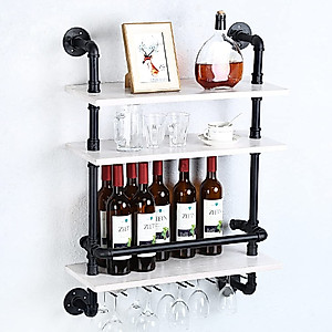Industrial Pipe Shelf Wine Rack Wall Mounted with 5 Stem Glass Holder,3-Tiers Rustic Floating Bar Shelves Wine Shelf,24in Real Wood Shelves Wall Shelf Unit,Steam Punk Pipe Shelving Wine Glass Rack