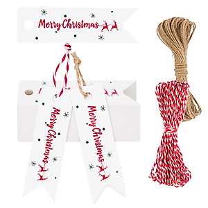 Anwyll Small Christmas Gift Tags,100Pcs Xmas Gift Tags,Deer Merry Christmas Gift Wrapping Tags Design with String,Mini White Christmas Hanging Paper Gift Tags for Present Holiday Christmas Party Decor