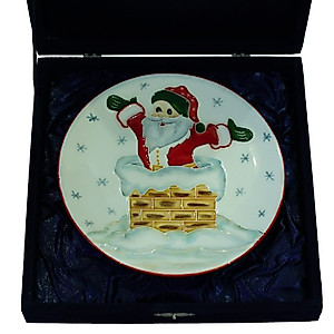 Anka Handcrafts - Christmas Home Decors – Santa in Chimney - Handmade & Handpainted Ceramic Plates with Unique Embossed Surface – w Navy Int. Velvet Case – Christmas for Homes 778