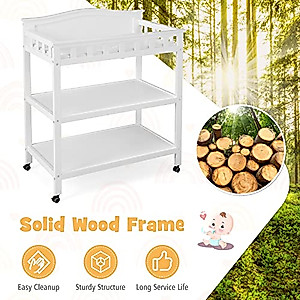 Costzon Baby Changing Table, Infant Diaper Changing Station w/Waterproof Changing Pad, Safety Strap, Storage Shelves, Mobile Nursery Organizer for Newborn, Portable Changing Table with Wheels (White)