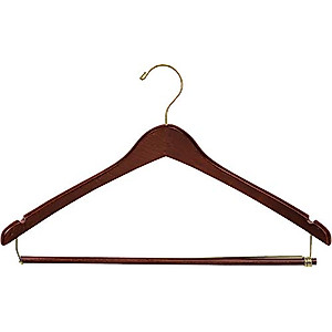 Wooden Curved Suit Hanger w/Locking Bar, Walnut Finish with Brass Hardware, Box of 25 by The Great American Hanger Company